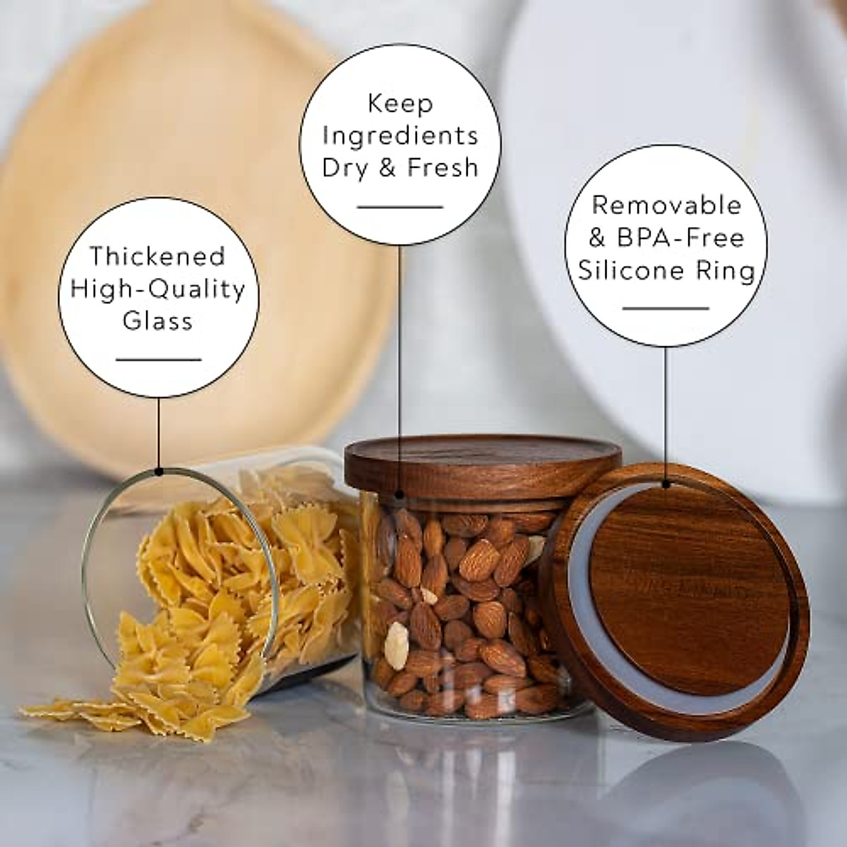 Laramaid 22oz 6Pack Glass Jars Set with Minimalist Pantry Labels, Round Pantry Jars with Brown Acacia Lids and Vinyl Customized Sticker Labels, Food Storage Containers for Home, Kitchen and Pantry