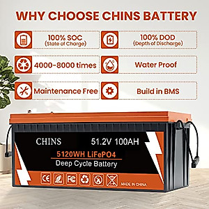 CHINS Bluetooth LiFePO4 Battery，48V 100Ah Smart Lithium Battery，Perfect for Golf Cart, Trolling Motor, Boat, RV, Solar, Home Energy Storage, Backup Power and Off-Grid etc, Peak Current 500A.