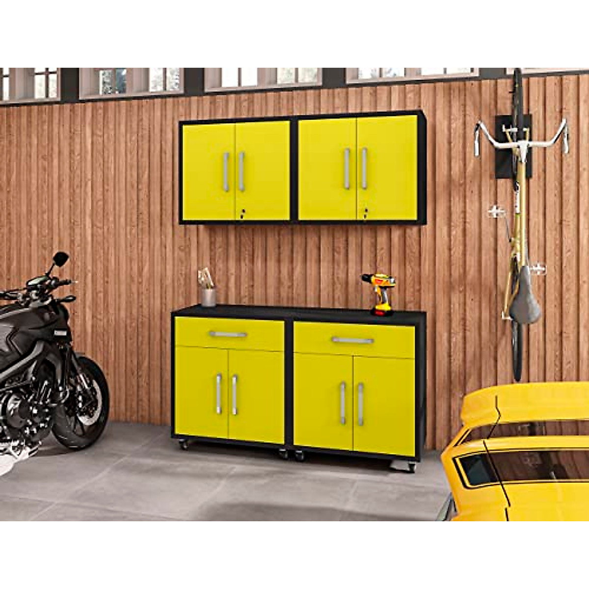 Manhattan Comfort Eiffel 4-Piece Garage Storage Set in Matte Black and Yellow