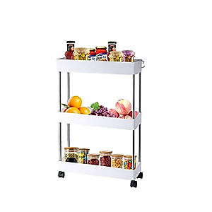Slim Storage Cart, 3 Tier Mobile Shelving Unit Organizer, Slide Out Rolling Utility Cart Shelf Rack for Kitchen Bathroom Laundry Room Narrow Places, Plastic & Stainless Steel, White
