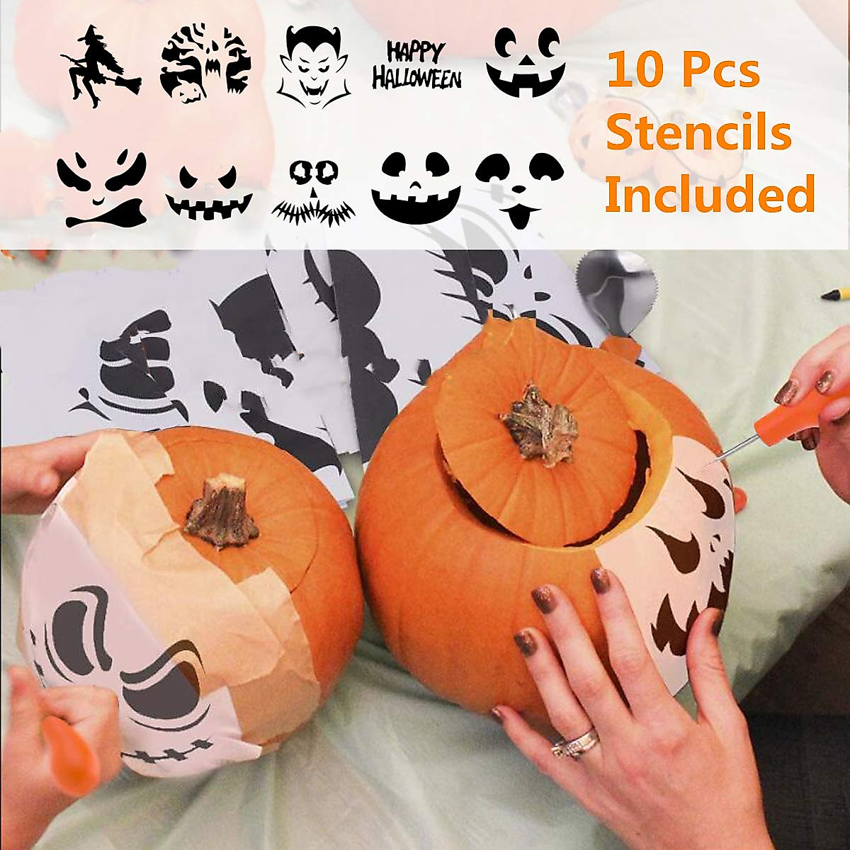 Pumpkin Carving Tools,12 PCS Halloween Pumpkin Carving Kit Stainless Steel Set Professional,DIY Pumpkin Decorating Kit for Kids and Adults,Wood Pumpkin Cut Out, Pumpkin Cutting Knife Tools 10 Stencils