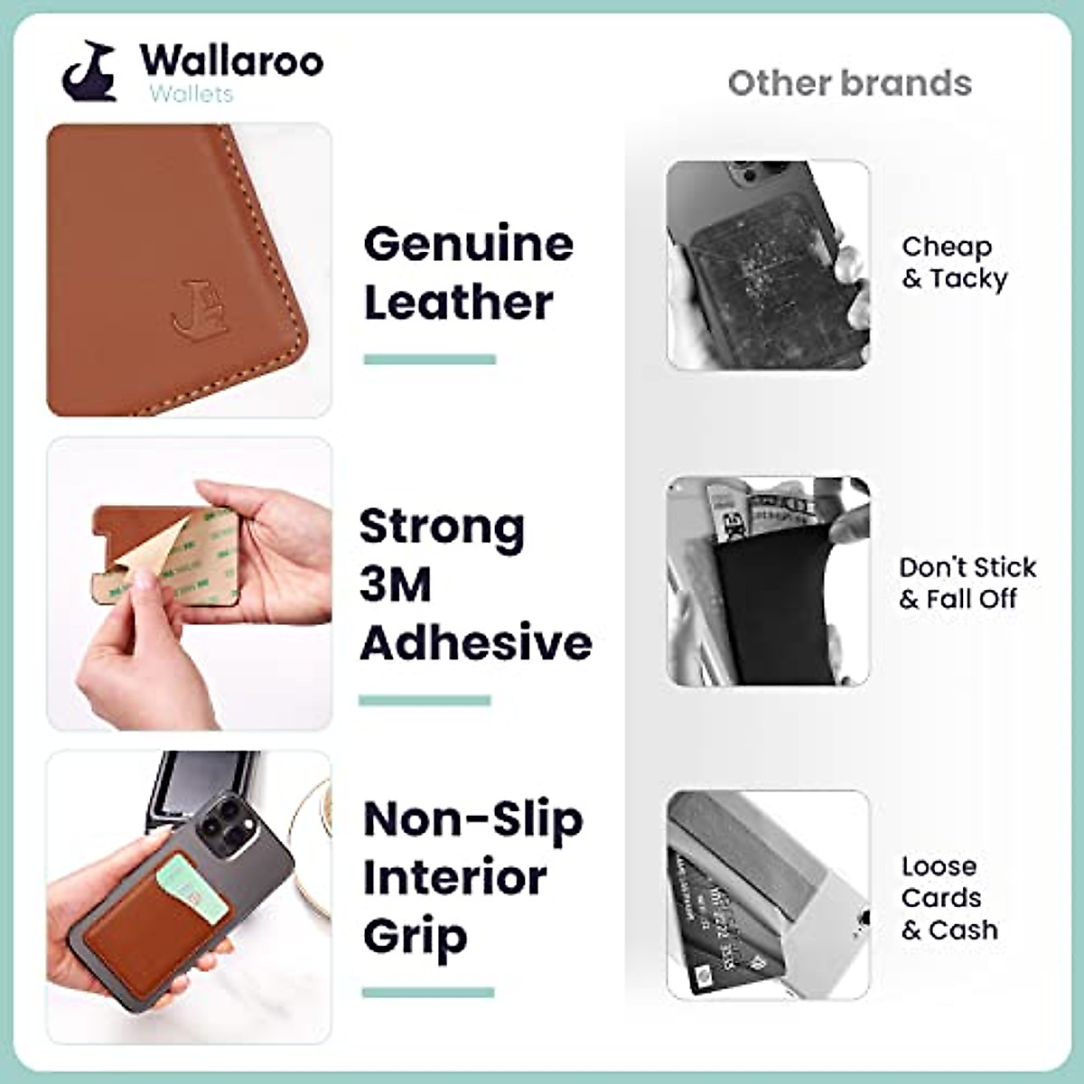 Premium Leather Phone Card Holder - Stick On Wallet for iPhone and Android Smartphones - Minimalist Style with Non-Slip Lining Secures Up to 3 Cards Kangaroo