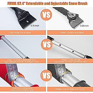 FOVAL 62.4" Extendable Snow Brush and Ice Scraper with 360°Pivoting Brush Head, Snow Removal Car Brush for Windshield Window Trucks SUVs, Essential Winter Tool Ice Remover with Comfortable Foam Grip