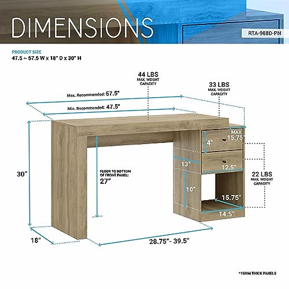 Techni Mobili Expandable Desk with Storage Drawers & Open Shelf - Expands from 47 Inch to 57 Inch - Pine Computer Desk with Printer Space - Modern Home Office Table with Drawers Blanco Collection