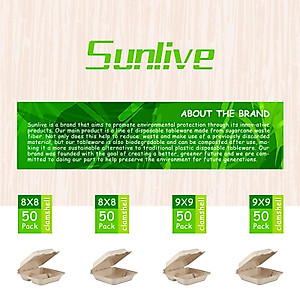 Sunlive 100% Home Compostable 50 Pack Disposable Clamshell Take Out Food Containers, 8X8'' 1-Compartment to go Containers, Heavy-Duty to go Boxes, Eco-Friendly Biodegradable, Made of Sugarcane Fibers