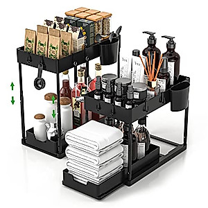 LPONJAR Adjustable Height Under Sink Organizers and Storage Bathroom Kitchen with 8 Hooks and 2 Hanging Cup, 2 Black
