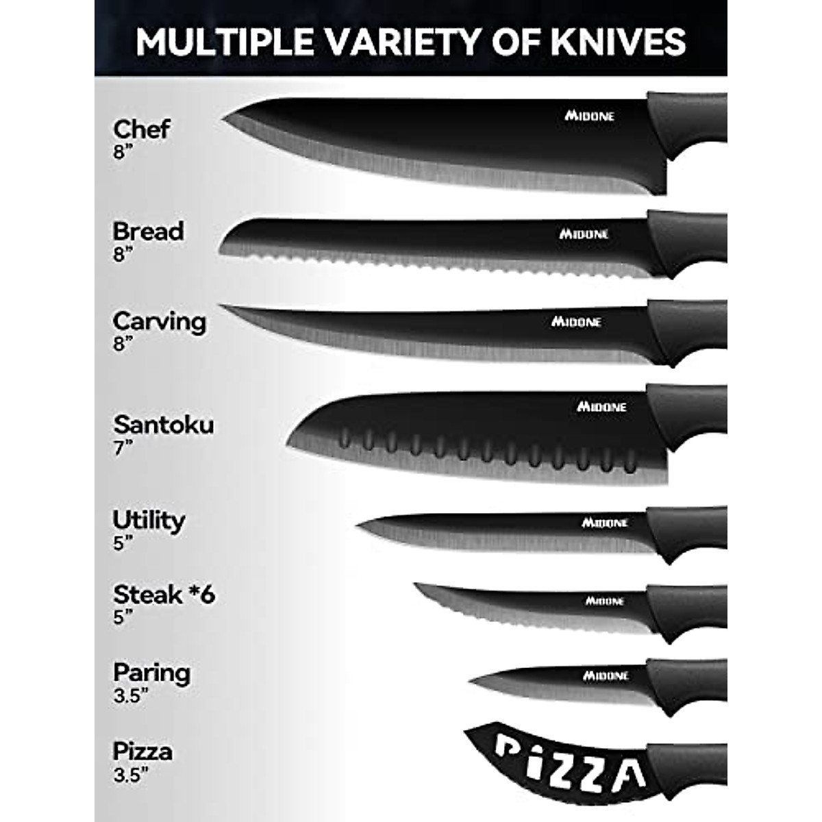 MIDONE Knife Set, 17 Pieces German Stainless Steel Kitchen Knife Set, Include Kitchen Accessories, Black