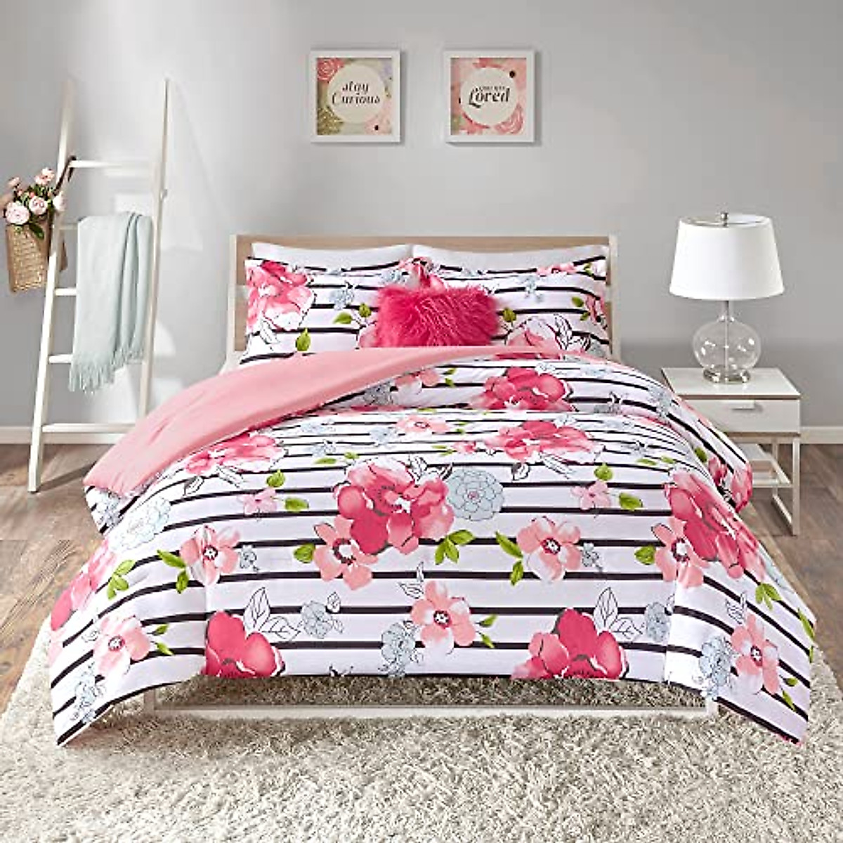 Comfort Spaces Zoe Comforter Set Printed Striped Floral Design with Faux Long Fur Decorative Pillow Bedding, Pink, Full/Queen, 4 Piece