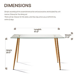 Glass Dining Table Rectangle - Glass Top Dining Room Table, Modern Clear Kitchen Table with Wooden Metal Leg, Rectangular Dining Table for 2 or 4 for Small Spaces Apartment Kitchen or Dining Room