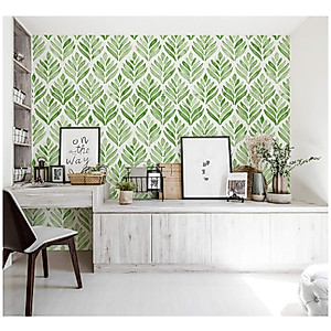 HAOKHOME Boho Peel and Stick Wallpaper Floral Tulip Leaves Green/White Removable Bathroom Kitchen Contact Paper Home Wall Decor 17.7in x 9.8ft
