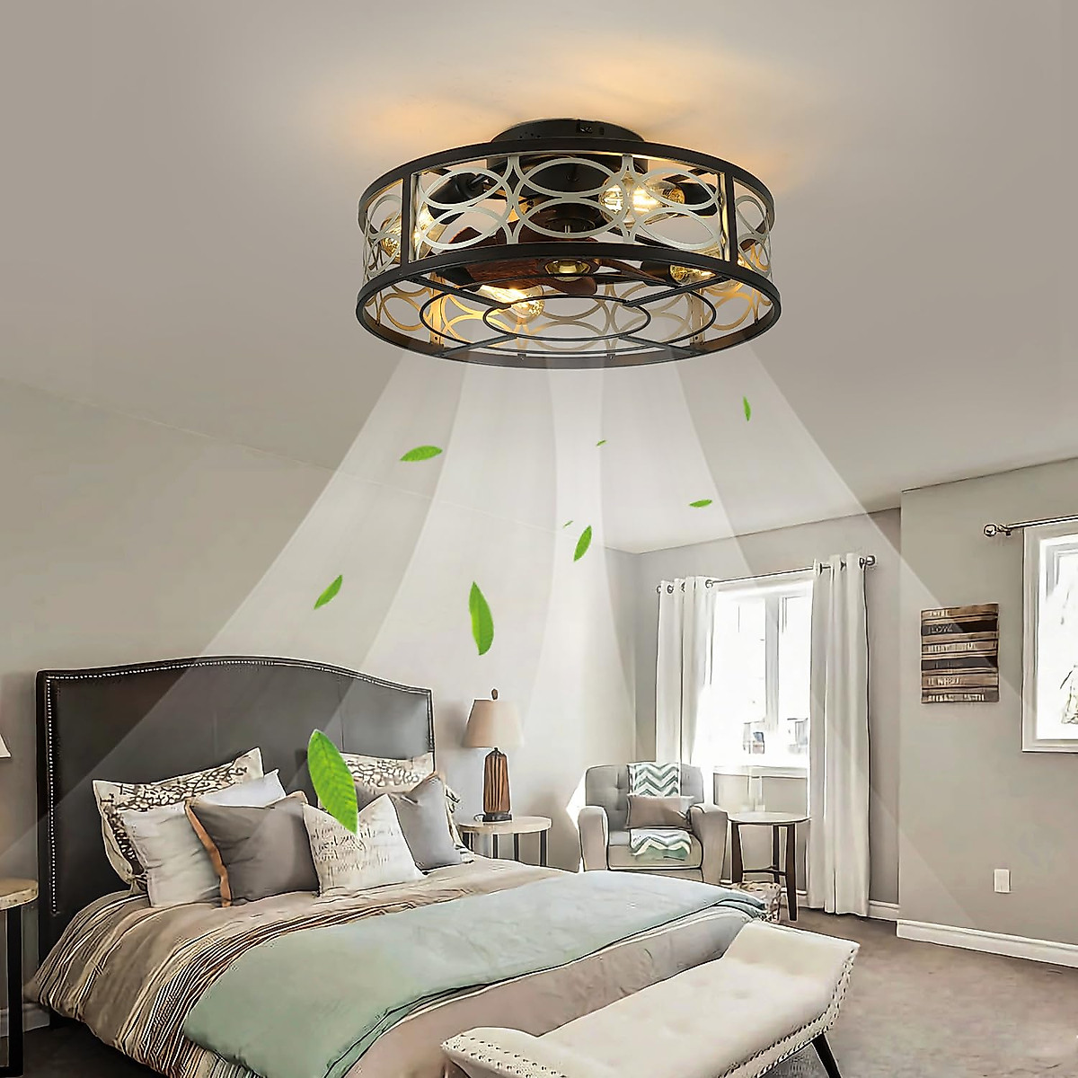 HUEOCZW 20" Caged Ceiling Fan with Light and Remote，bladeless Ceiling Fan 6 Speed Reversible with 4 Bulbs and Remote Control.Low Profile Ceiling Fan with Lights for Bedroom, Dining Room