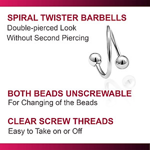 bodyjewellery 4pcs 16g Spiral Barbell Cartilage Earring Lip Tragus Eyebrow Hoop Helix Twisted Bar Surgical Steel Studs 4mm Balls - 12mm