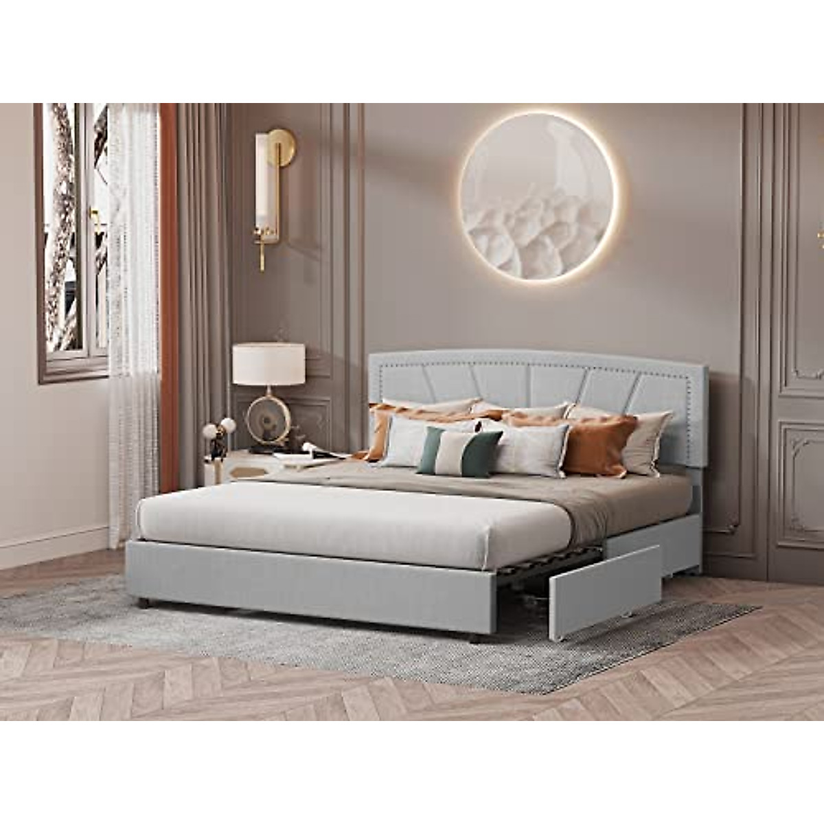 BONSOIR King Size Storage Bed Frame Upholstered Low Profile Traditional Platform with Tufted and Nail Headboard/No Box Spring Needed/4 Pull Out Drawers/Light Grey Linen Fabric (King Size)
