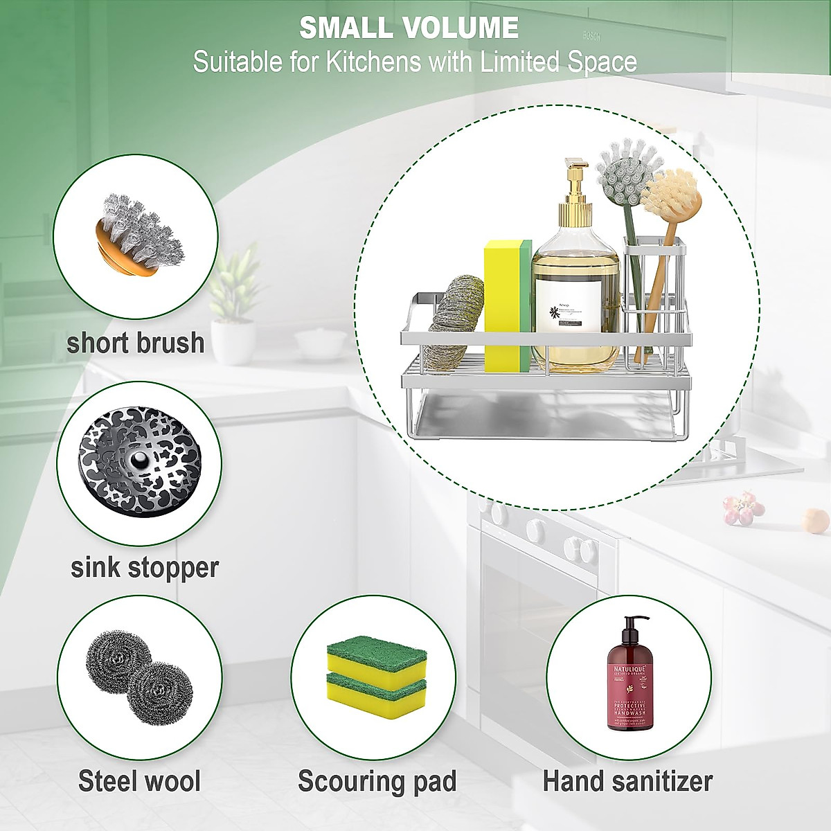 Youfala Kitchen Sink Caddy Sponge Holder for Kitchen Sink, Kitchen Sink Organzier and Storage with High Brush Holder, Rustproof 304 Stainless Kitchen Gadgets Dish Sponge Organizer (Lacquer Silver)