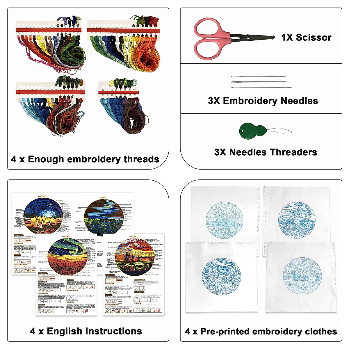 Maydear 4 Pack Embroidery Starter Kit with Pattern, Stamped Cross Stitch Kits for Beginners Adults with Embroidery Hoop and Instructions, Hand Embroidery Kit (Embroidery kit flower2)