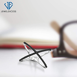 JEWELEXCESS Sterling Silver Criss Cross Ring – 1/7 Carat Black Diamond Ring with .925 Sterling Silver X Ring – Real Diamond Criss Cross Ring with Hypoallergenic Sterling Silver Ring Band