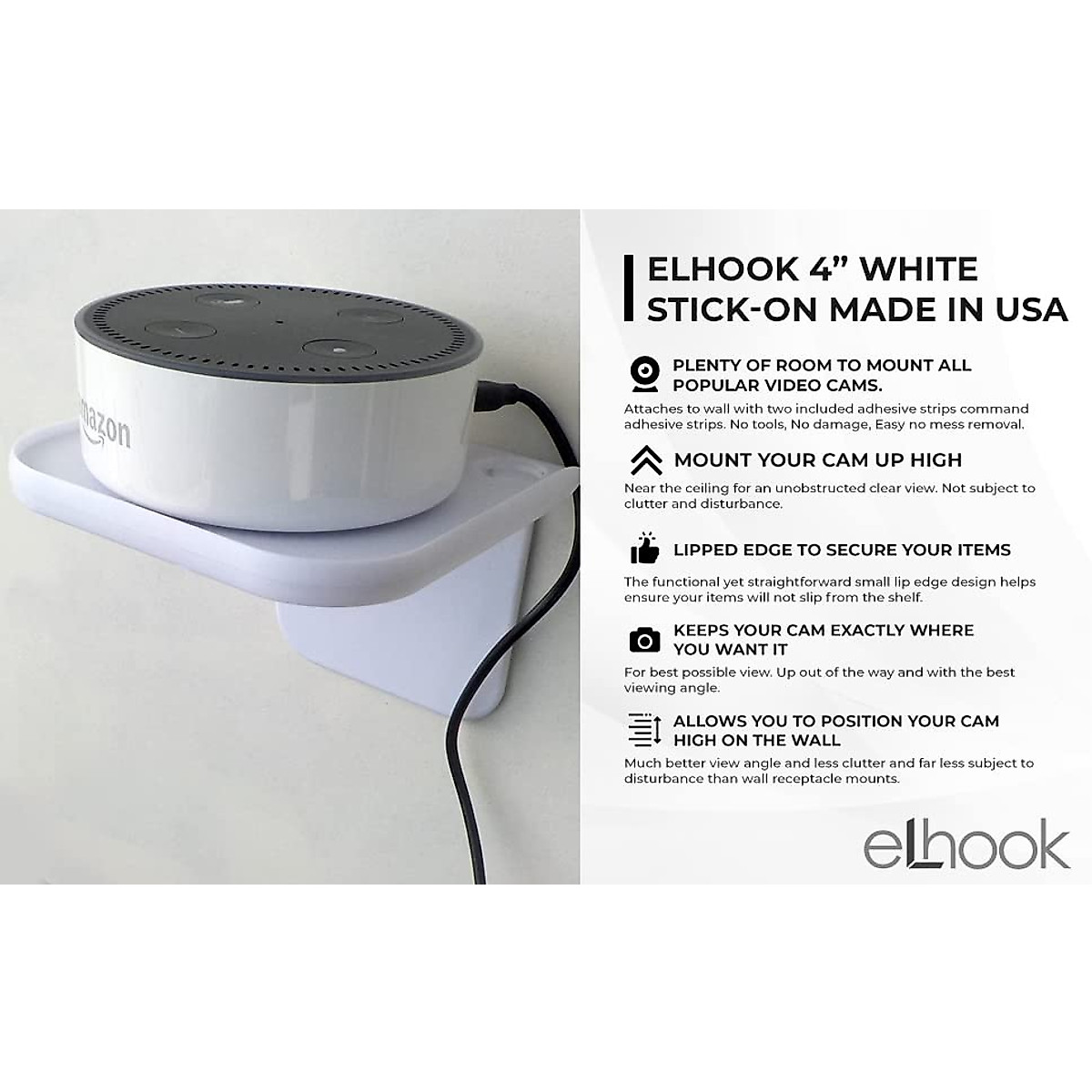 eLhook Made in USA White Stick-On Removable Adhesive Floating Wall Shelf 2 Pack with Cable Management | Small Electronics | Durable Textured ABS Plastic with Lipped Edges