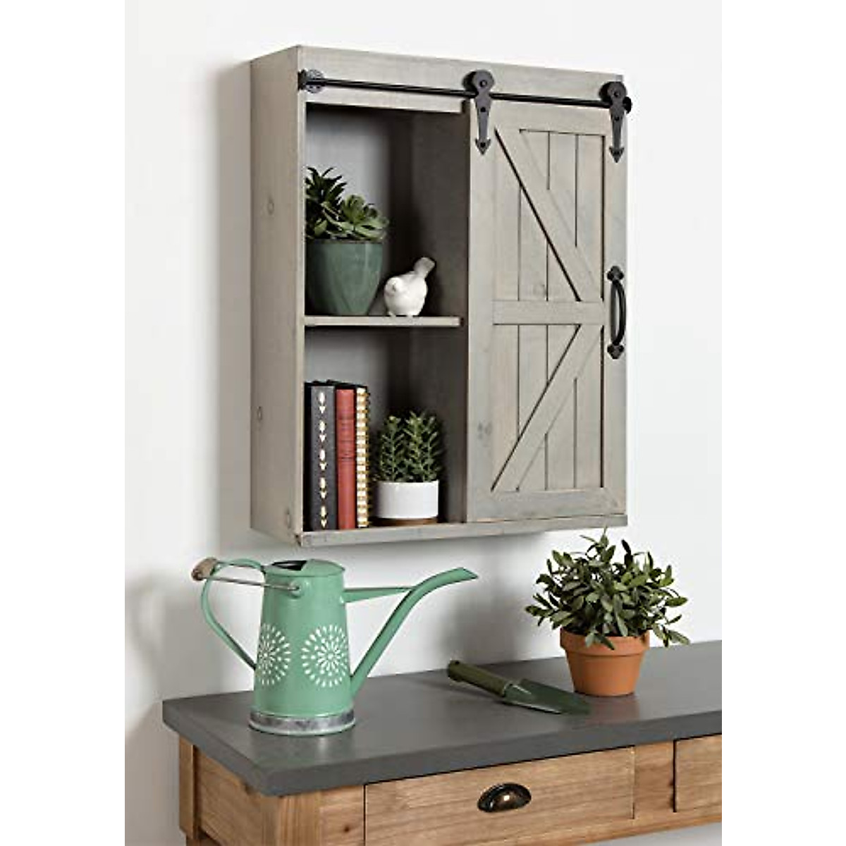 Kate and Laurel Cates Decorative Wood Wall Storage Cabinet with Sliding Barn Door, Rustic Gray