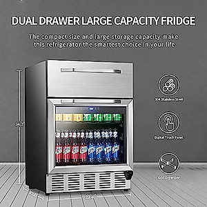Karcassin 24 Inch Indoor Under Counter Drawer Fridge，Stainless Steel 2 in 1 Beverage Refrigerator Built-in and Freestanding with Digital Display for Home and Commercial Use