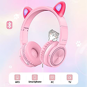 Picun Cat Ear Bluetooth Headphones 40 Hours Playtime with Romantic LED Light Up, Over Ear Girls Wireless Headphones with HD Mic, Foldable, Soft Memory Earmuff, for PC/Tablet/School Kids Adults - Pink
