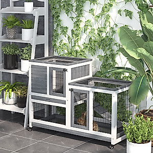PawHut Wooden Rabbit Hutch Elevated Bunny Cage Indoor Small Animal Habitat with Enclosed Run with Wheels, Ramp, Removable Tray Ideal for Guinea Pigs, Grey