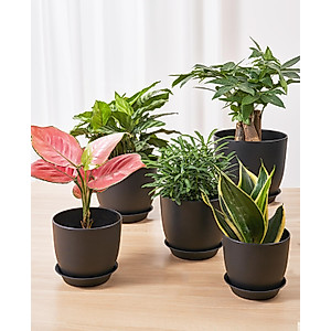 homenote Plastic Planter 7/6/5.5/4.8/4.5 Inch Flower Pot Indoor Modern Decorative Plastic Pots for Plants with Drainage Hole and Tray for All House Plants, Succulents, Flowers, and Cactus, Black