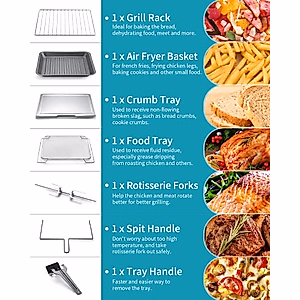 Ultrean Air Fryer Toaster Oven Combo, 32 Quart Convection Oven Countertop with Rotisserie, Toaster, Dehydrator, Bake, 7 Accessories & 50 Recipes, Silv