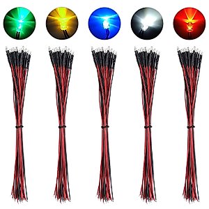 100Pcs 3mm LED Lights Emitting Diodes Pre Wired DC 12V 5 Colors LED Ultra Bright Light Emitting Diodes Clear Lens Assorted Color Kit White Red Yellow Green Blue Small LED Lamps