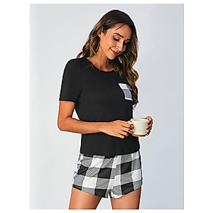 SOLY HUX Women's Short Sleeve Tee Top and Plaid Shorts Lounge Pajama Set Sleepwear Black White S