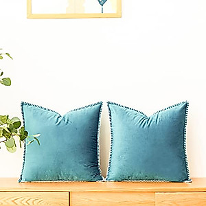 GAWAMAY Soft Velvet Farmhouse Spring Teal Pillow Covers 18x18 Set of 2,Decorative Green Throw Pillows with Chenille Thread Edge,Square Boho Couch Pillows for Living Room Sofa Couch Beding(45x45cm)