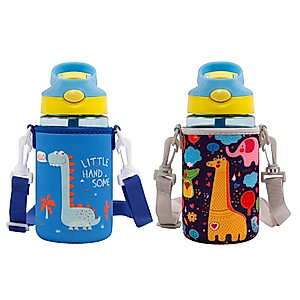 2 Pack-Children's Water Bottle Carrier, Protect and insulate your water bottle, With adjustable straps, Suitable for most children's water bottles - Dinosaurs + Giraffe
