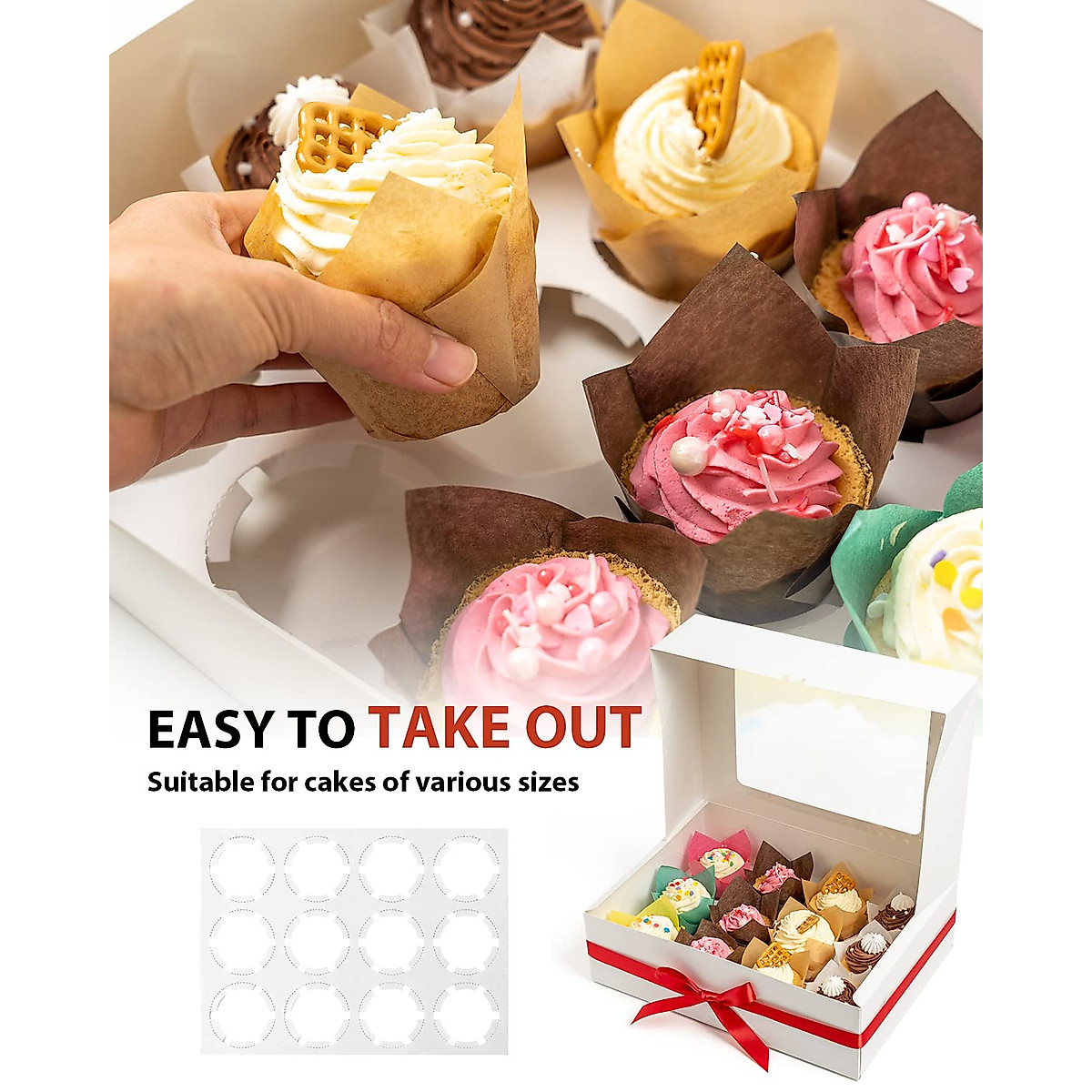 katbite Cupcake Boxes, 15-Set Cupcake Containers 12 Count, Food Grade Kraft Thick Cupcake Carrier Boxes with 2 Color Gift Ribbons, Twine, Cards and Inserts to Hold Cupcakes, Pastries and Cookies