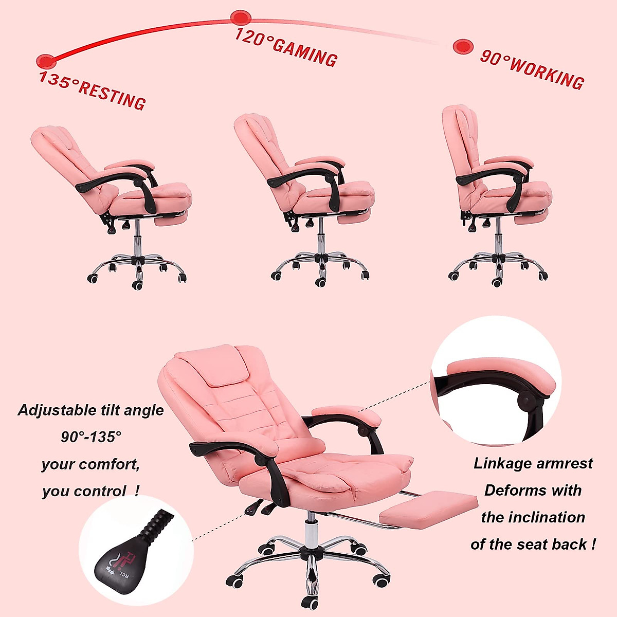 Pink Gaming Chair, Cute Computer Office Chair with footrest Ergonomic Gaming Chair Pink Kawaii Adjustable Swivel Racing Executive Massage Chair with High Backrest Lumbar Support Retractable Footrest