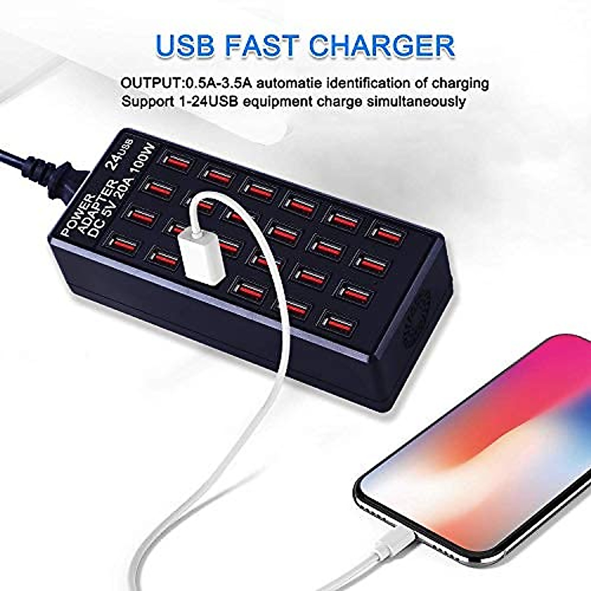 24-Port 100W (20 A) USB Charging Station, Home-Sized Desktop USB Fast Charger, Multiple USB Desktop Chargers for Hotels, Schools, Shops, Shopping malls and Travel
