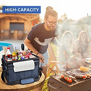 Picnic Caddy Collapsible Grill Caddy with Lid Portable Camping Accessories Large Picnic Basket Outdoor Caddy with Condiment Pocket Paper Towel Holder, Waterproof & Dirt-Resistant, High-Capacity, Blue