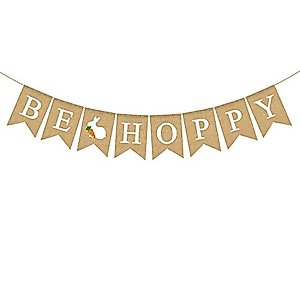Rainlemon Jute Burlap Be Hoppy Banner with Bunny Spring Easter Party Decoration Supply