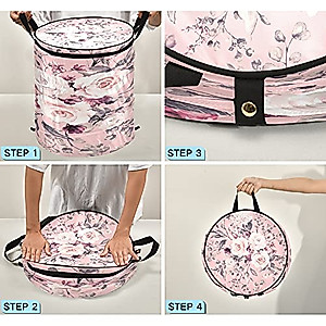 xigua Blooming Pink Flower Popup Laundry Hamper, Foldable Portable Dirty Clothes Basket with Zipper Lid, Dirty Clothes Hamper for Bedroom, Kids Room, Dormitory