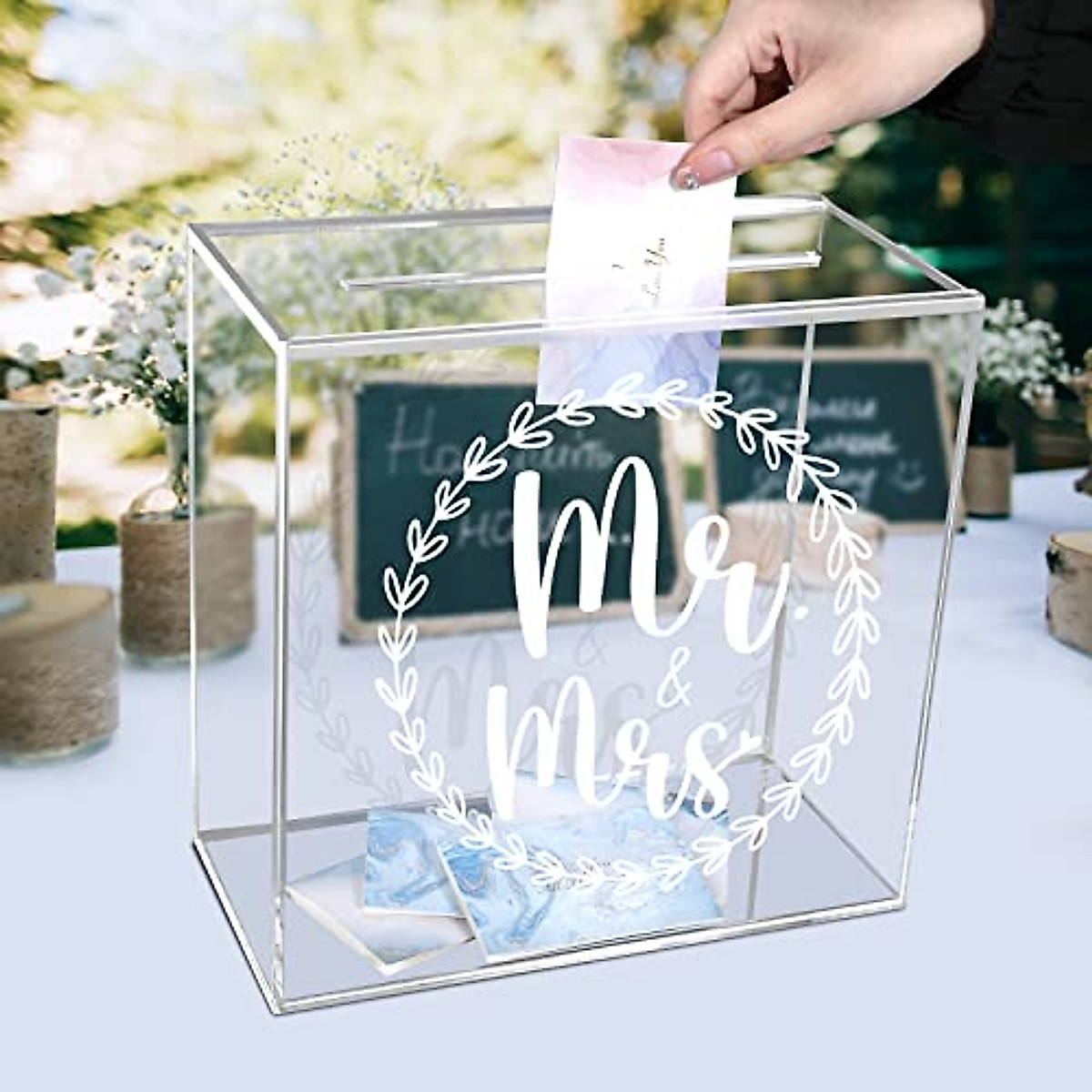JXQCLR Wedding Card Boxes for Reception,Large 10x10x5.5 inch, Mr and Mrs Gifts, Clear Acrylic Wedding Card Box with Slot