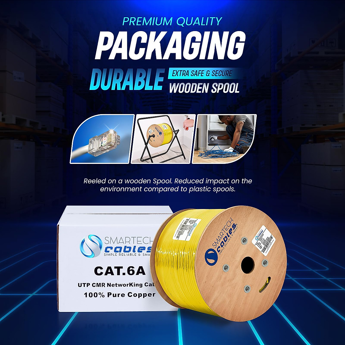 Smartech Cables Cat6A Riser Cable 1000ft- Most Certified 100% Solid Bare Copper Cat 6a Ethernet Cable-23 AWG, 750 MHz, PoE++ - Unshielded Twisted Pair (UTP) - 10 GB High Speed for Networking & Gaming