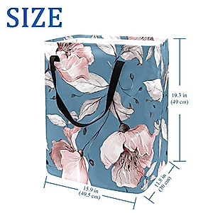 Blossom Flower in Blue Print Collapsible Laundry Hamper, 60L Waterproof Laundry Baskets Washing Bin Clothes Toys Storage for Dorm Bathroom Bedroom