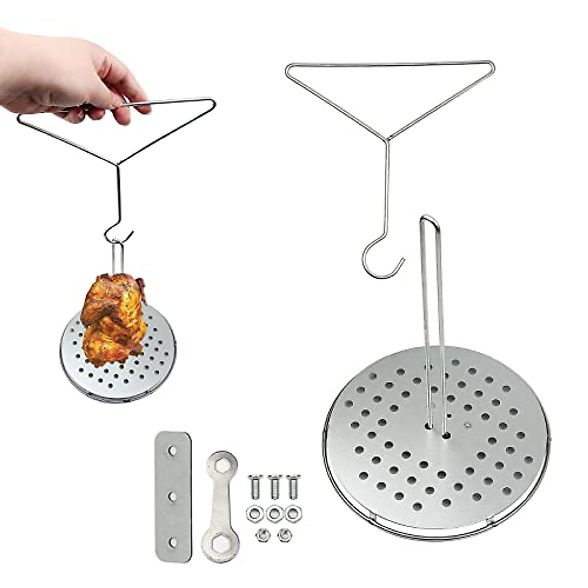 Buxiffod Turkey Fryer Rack, Poultry Deep Frying Rack BBQ Vertical Chicken Roaster Holder Deep Fry Pot Grill Aluminum Racks with Chrome Finish Wire Handle Lifter Hook Detachable