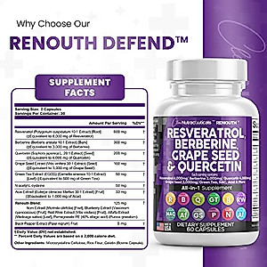 Resveratrol 6000mg Berberine 3000mg Grape Seed Extract 3000mg Quercetin 4000mg Green Tea Extract - Polyphenol Supplement for Women and Men with N-Acetyl Cysteine, Acai Extract - Made in USA 60 Caps