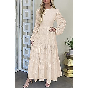 MITILLY Women's Elegant Floral Long Sleeve Round Neck Smocked A-Line Flowy Tiered Maxi Dress with Pockets Medium Apricot