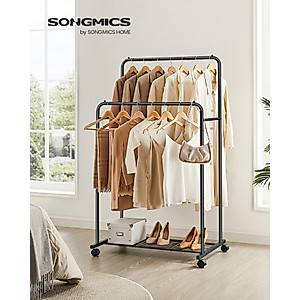SONGMICS Double Rods Clothes Rack with Wheels, Clothing Rack for Hanging Clothes, Heavy Duty Garment Rack with Mesh Storage Shelf, 2 Brakes, Each Top Rail Holds up to 77 lb, Black UHSR26BKV1
