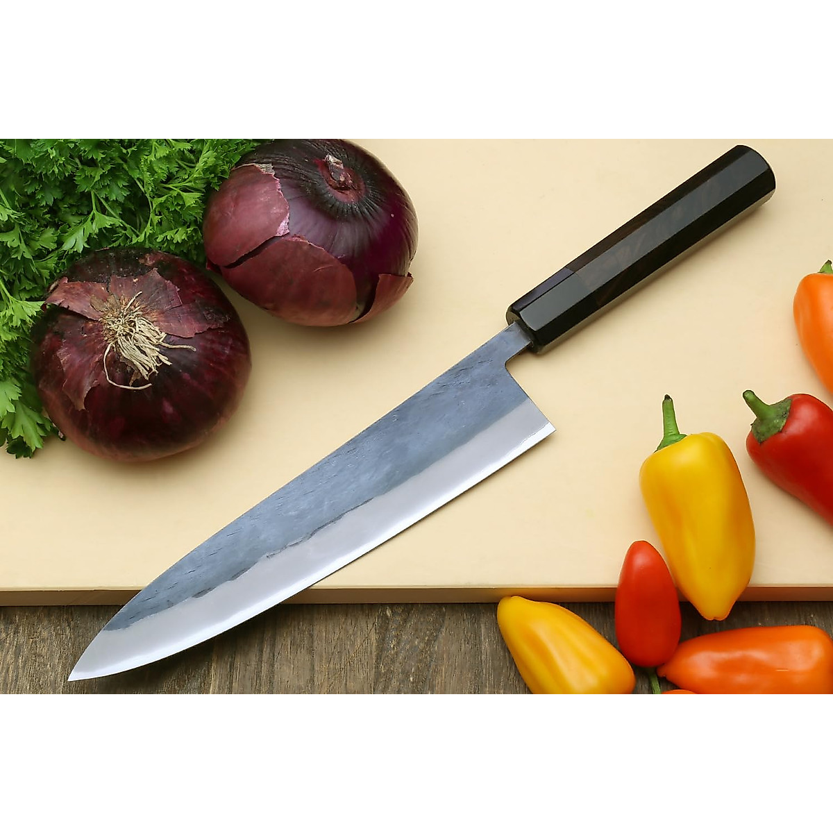 Yoshihiro Kurouchi Black-Forged Blue Steel Stainless Clad Gyuto Chefs Knife Ebony Handle (9.5'' (240mm) & No Saya)