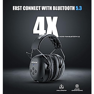 Hocazor HZ07 Upgrade Bluetooth 5.3 Hearing Protection - NRR 25dB Noise Cancelling Earmuffs 40 Hours+ Playing Time with 1500mAh Rechargeable Battery for Mowing, Workshops, Black