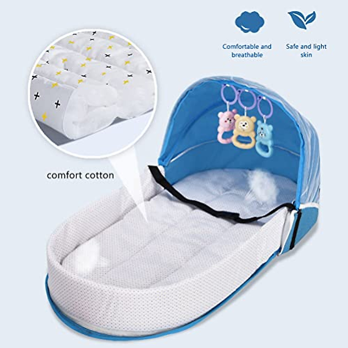 Baby Travel Cot, Portable Travel Cot Baby with Mosquito Net and Toys, Collapsible Baby Cot Foldable Carrycot Baby Bed Cot Travel Cot Baby Bed for Newborn Children (Gray)