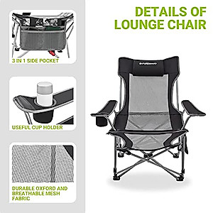 FUNDANGO Reclining Camping Chair 3-Position Adjustable Folding Lounge Chairs with Footrest for Adult Support Up to 300lbs, Suit for Lawn,Office,Backyard,Camping,Concert,Garden(Black/MediumGrey)