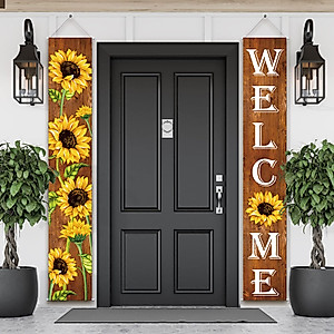 Sunflower Welcome Hanging Banners spring Porch Banners Flags summer Door Banners Thanksgiving Hanging Banner for Front Door Garden Home Yard Sunflower Party Decorations(Wood Background)