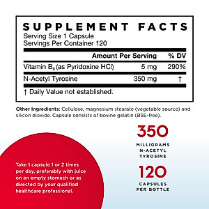 Jarrow Formulas N-Acetyl Tyrosine 350 mg - 120 Capsules, Pack of 2 - Supports Brain Function - Contains Vitamin B6 for Amino Acid Metabolism - 240 Total Servings